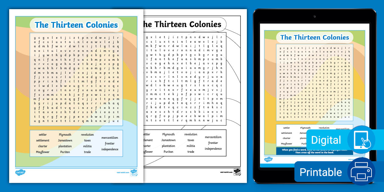 Thirteen Colonies Word Search for 6th-8th Grade - Twinkl
