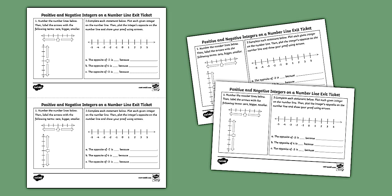 Sixth Grade Positive and Negative Integers on a Number Line Exit Ticket