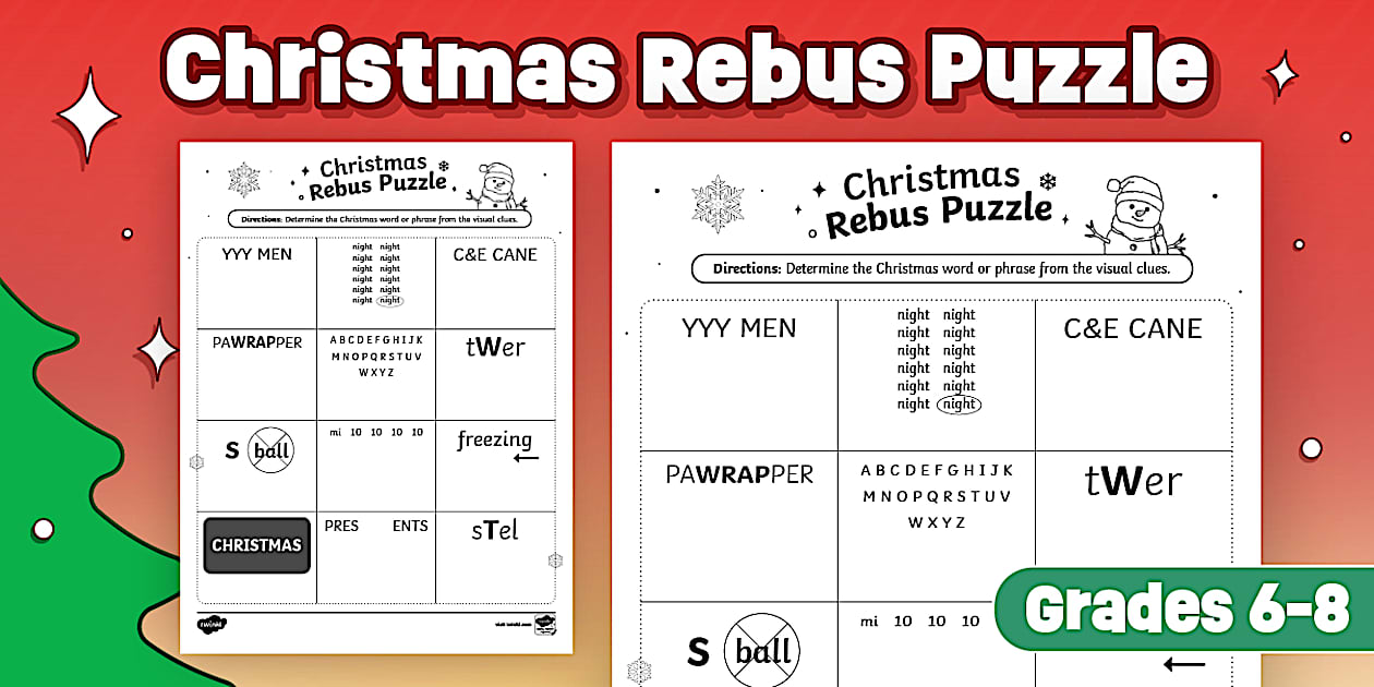 Christmas Rebus Puzzle Worksheet for 6th-8th Grade