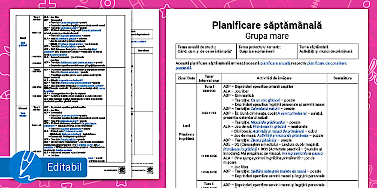 FREE! - Primăvară – Model de planificare săptămânală grupa mare