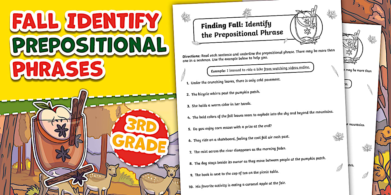 Third Grade Fall Prepositional Phrase Worksheet - Twinkl