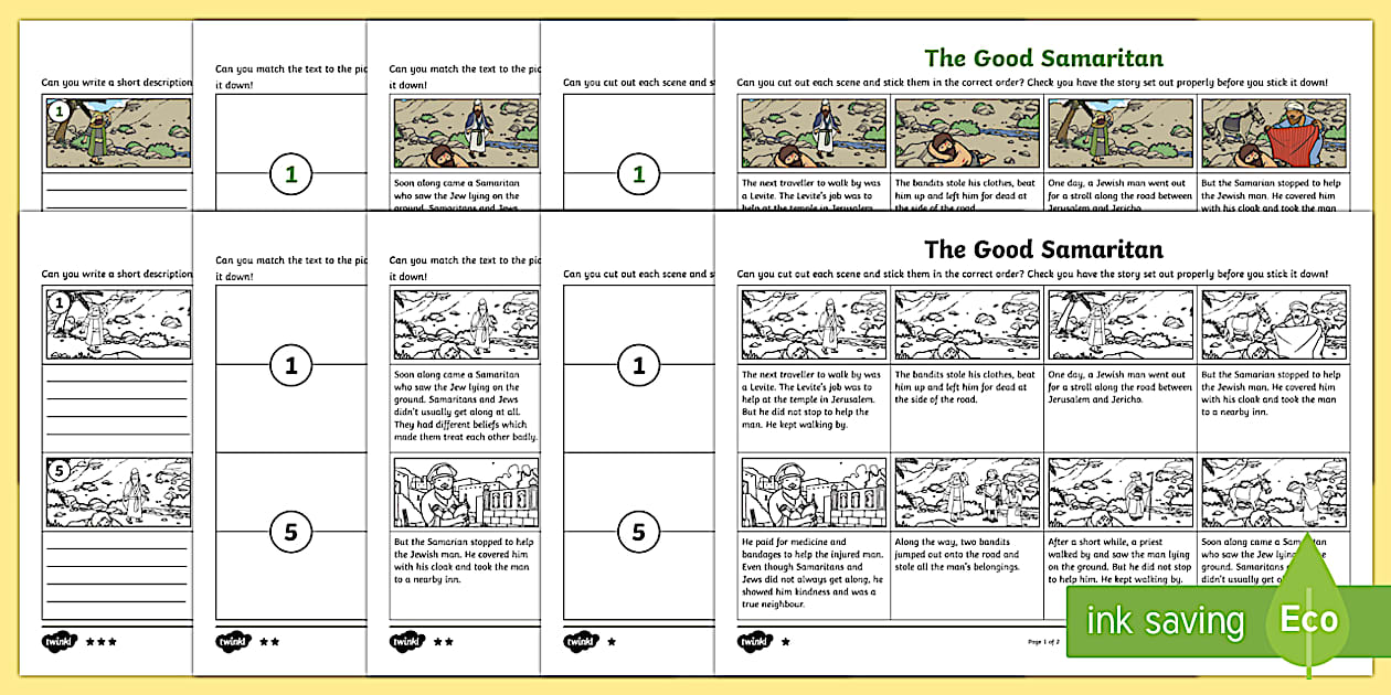 The Good Samaritan Sequencing Activity Worksheet - Twinkl