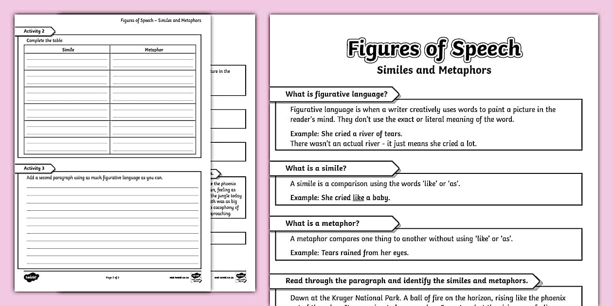 Grade 4 Figures of Speech - Similes and Metaphors Activity