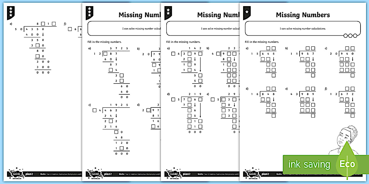 Lower Ability Long Division Missing Number Differentiated Worksheet