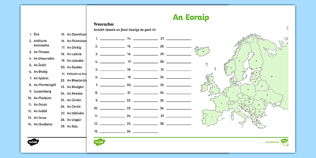 Black and White Irish Map of Europe Worksheet Gaeilge