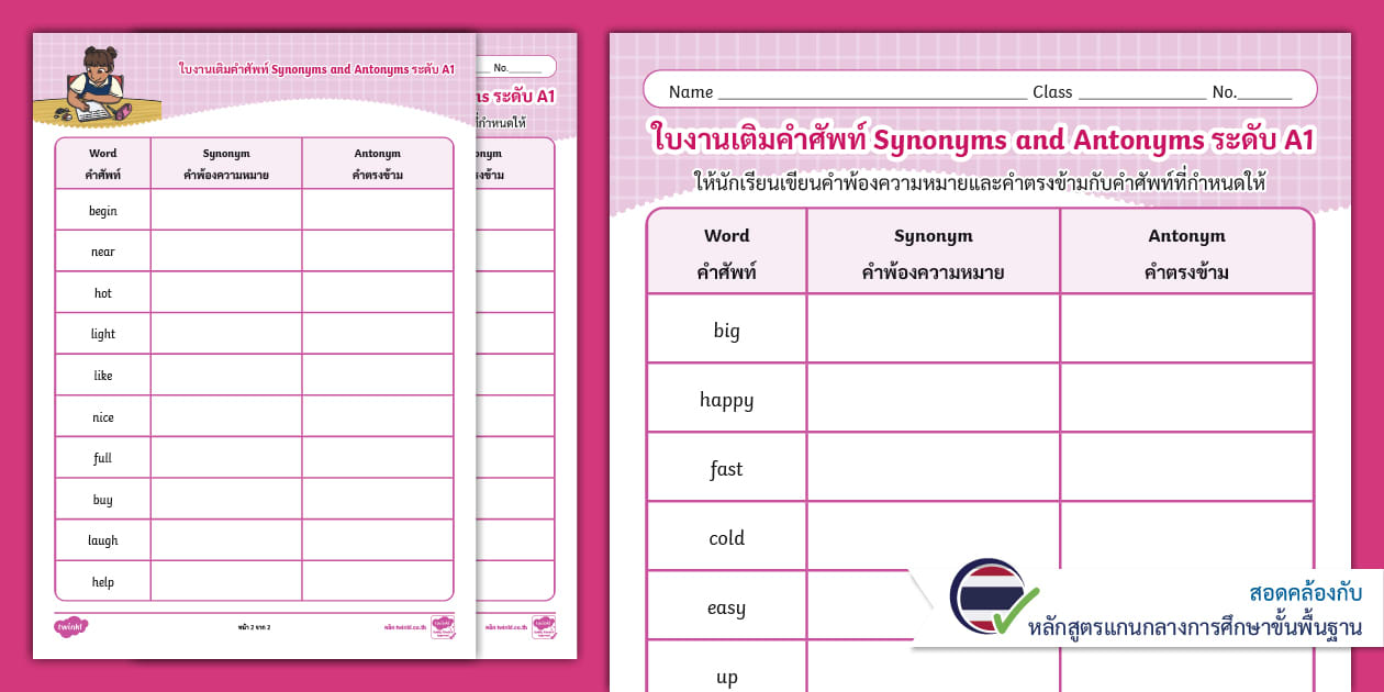 ใบงานเติมคำศัพท์ Synonyms และ Antonyms ระดับ A1 พร้อมเฉลยและคำแปล - CEFR