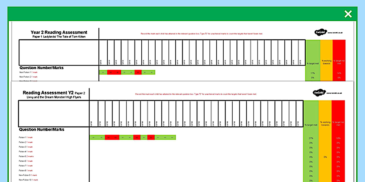Y2 Reading Assessment Spreadsheet Term 1 - Twinkl