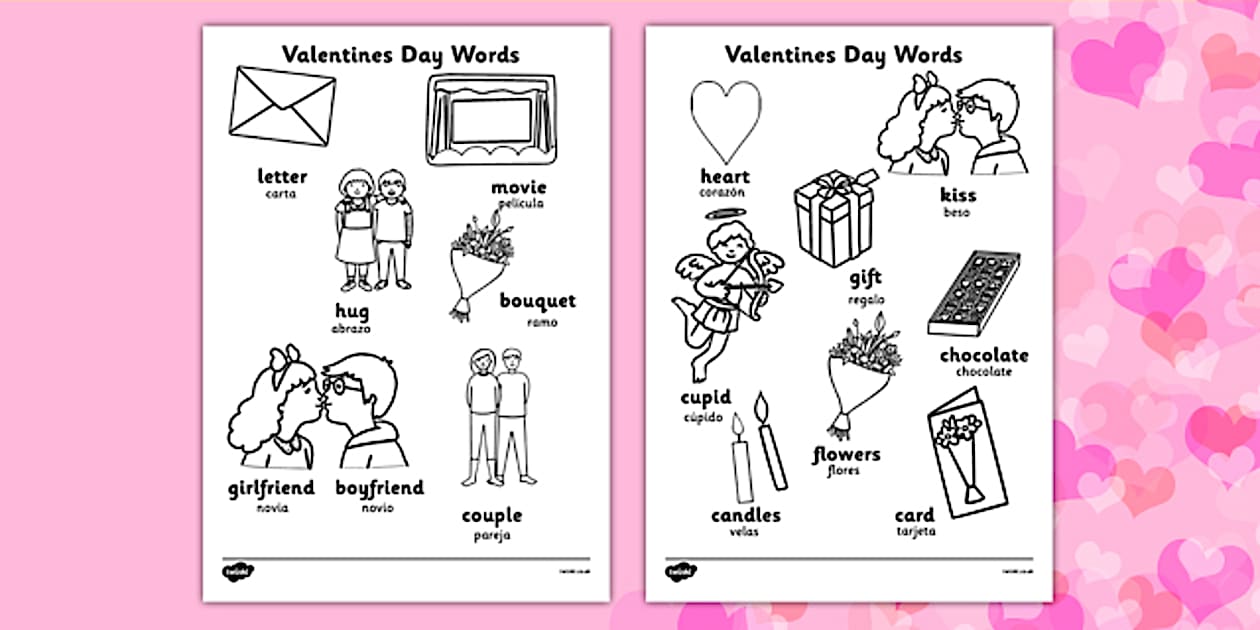 A1 Hoja de colorear bilingüe: San Valentín en inglés