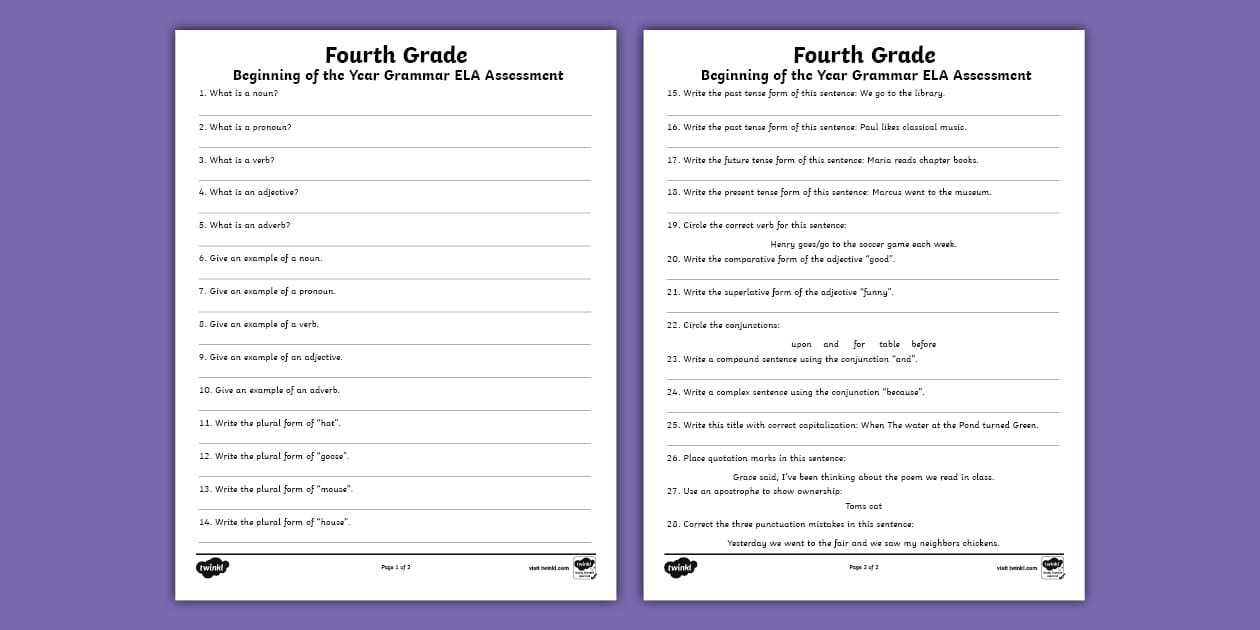 Fourth Grade Beginning of the Year ELA Grammar Assessment