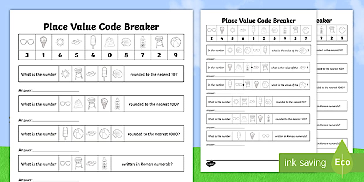 KS2 Summer Themed Place Value Code Breaker Worksheets