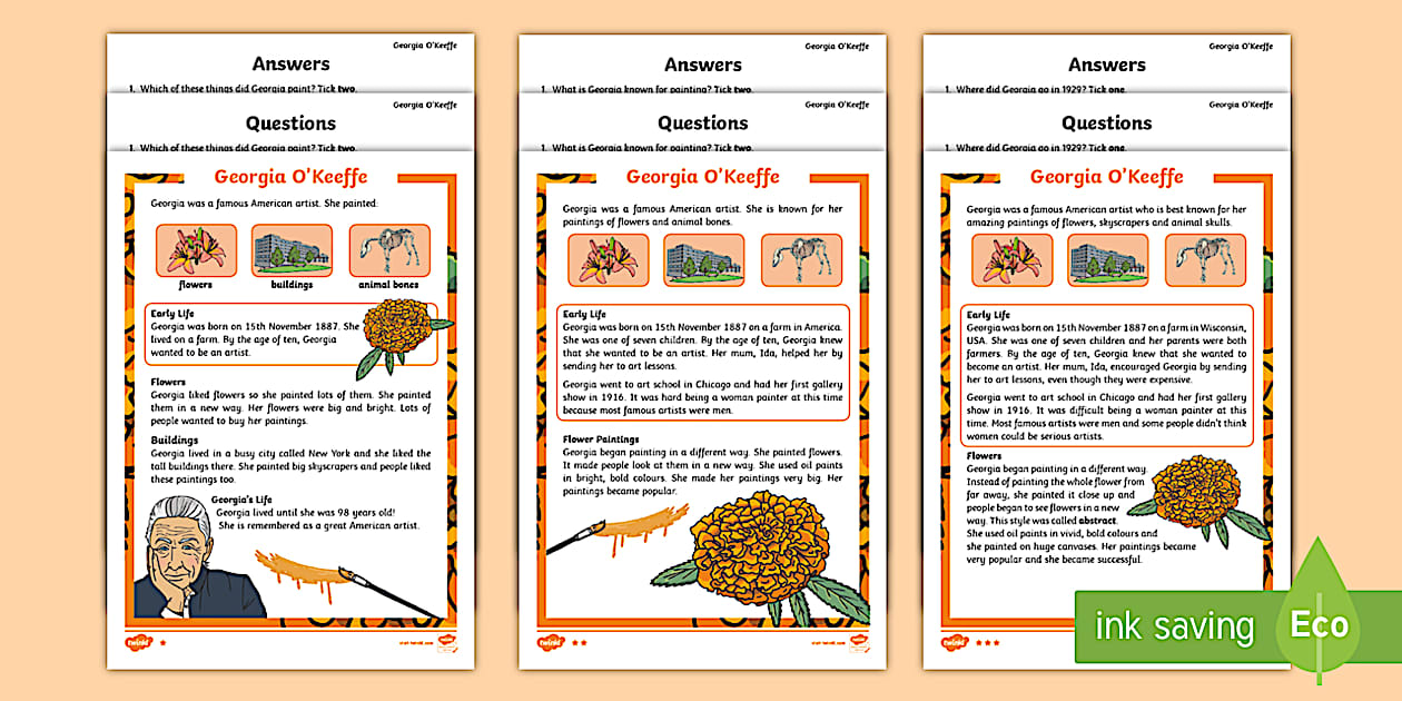 KS1 Georgia O'Keeffe Differentiated Reading Comprehension Activity
