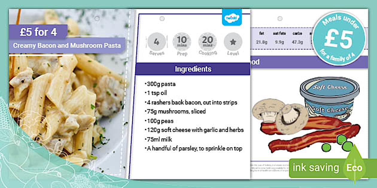 Creamy Bacon and Mushroom Pasta Recipe - £5 for 4 - Twinkl