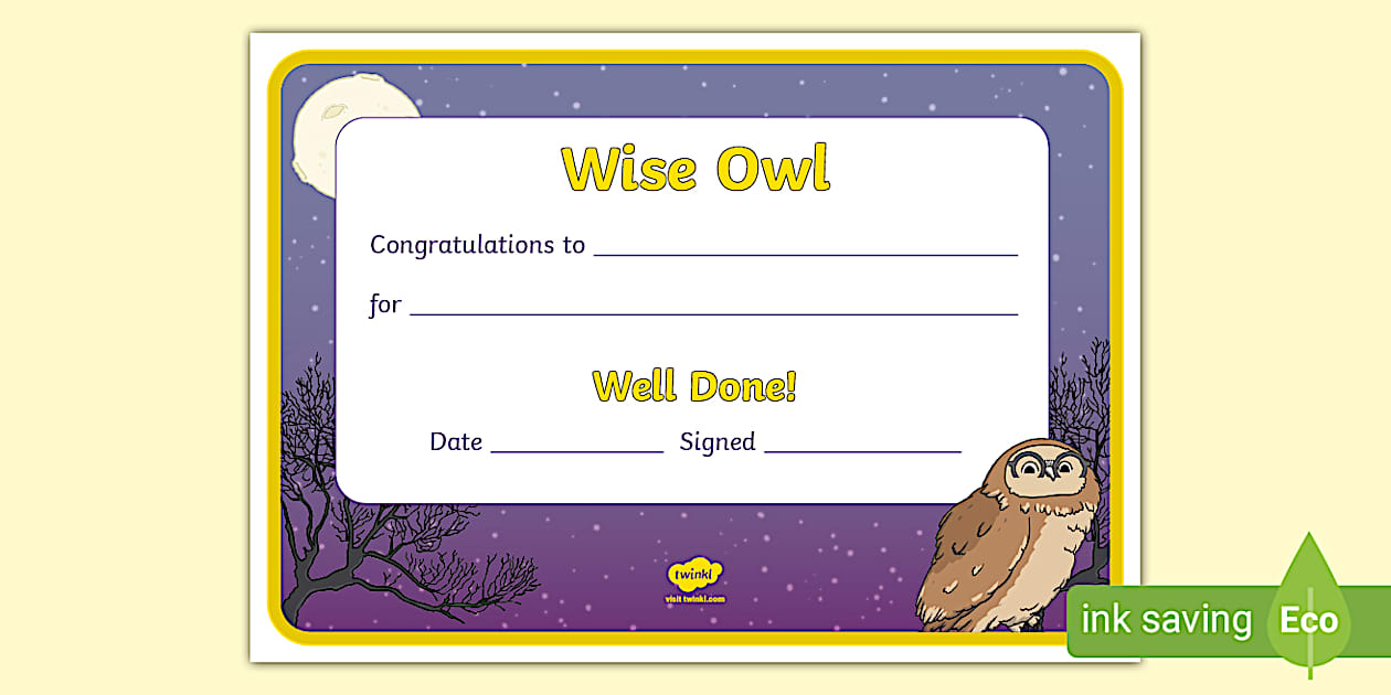 Wise Owl Certificate, Well Done Praise Certificate - Twinkl