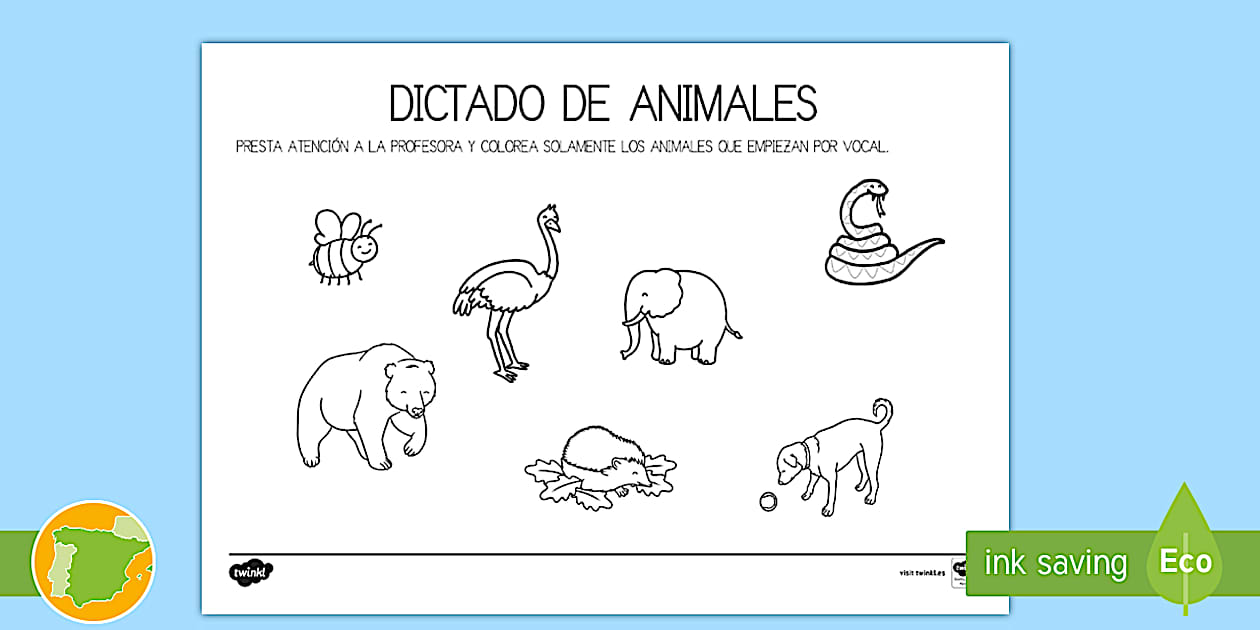 Ficha de actividad: Las vocales - Dictado de animales.