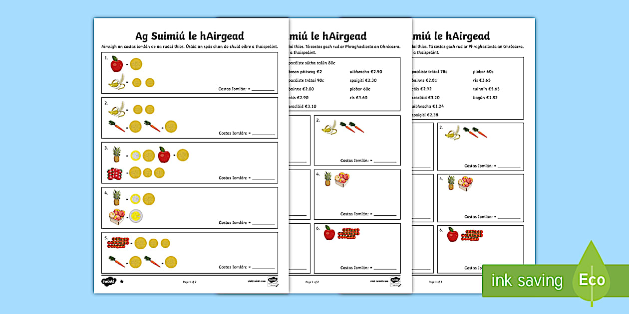 Bileog Oibre: Ag Suimiú le hAirgead Euro Worksheet / Worksheet