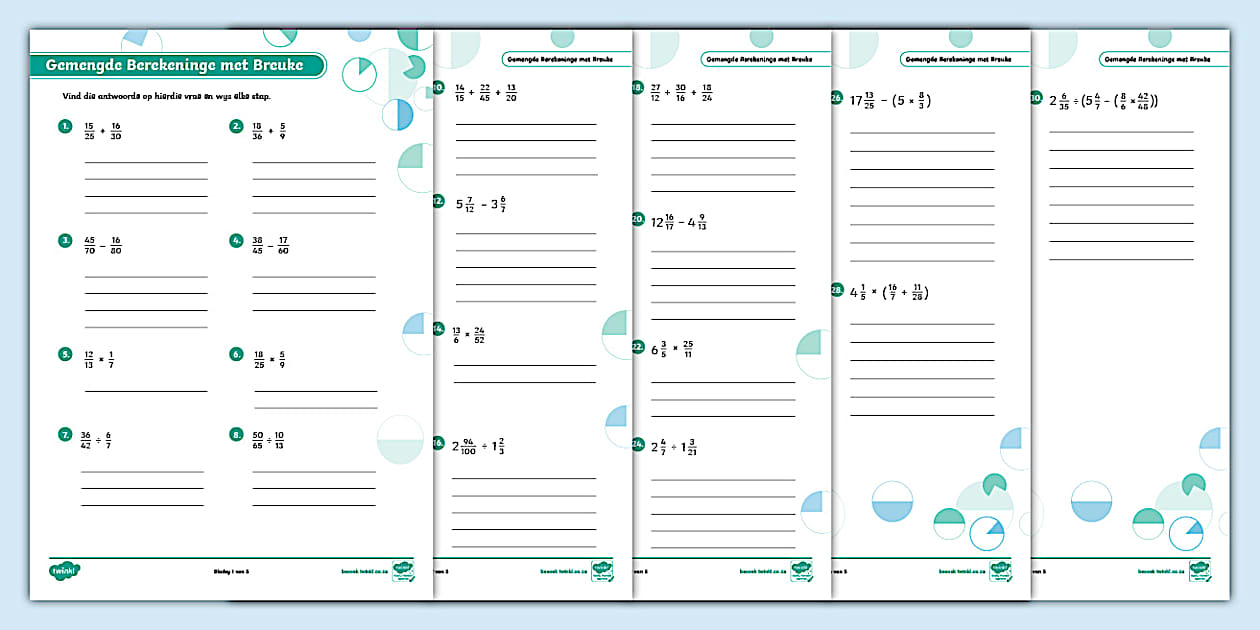 Graad 7 Wiskunde: Gemengde berekeninge met breuke. - Twinkl