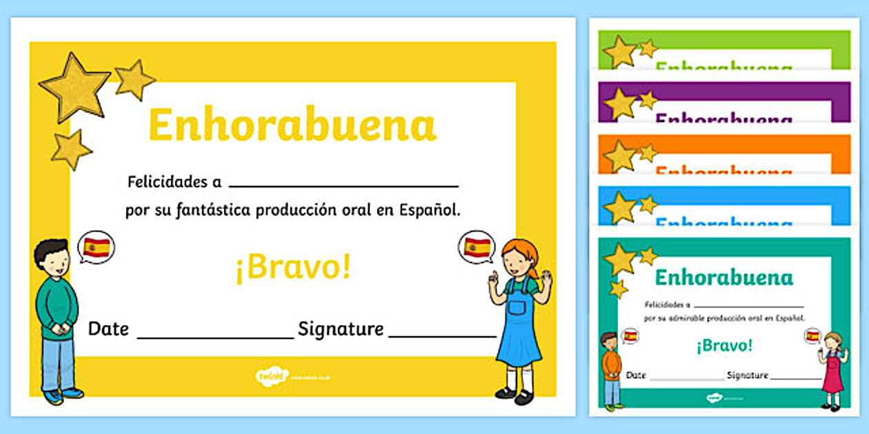 Editable Spanish End of Year Oral Work Award Certificate Spanish / Español