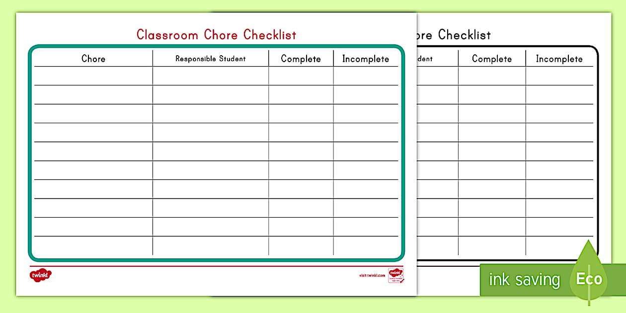 Classroom Chore Checklist - Classroom Management - Twinkl