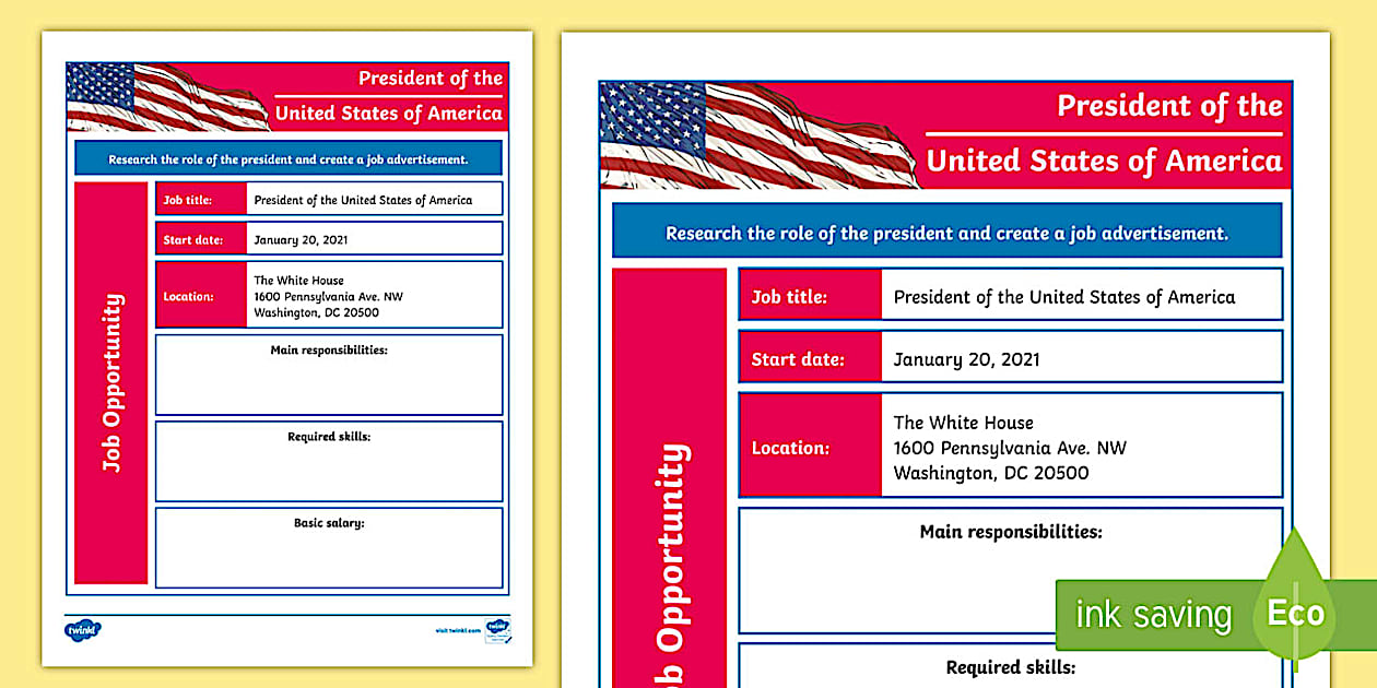 Presidential Job Advert Writing Worksheet | Twinkl - Twinkl