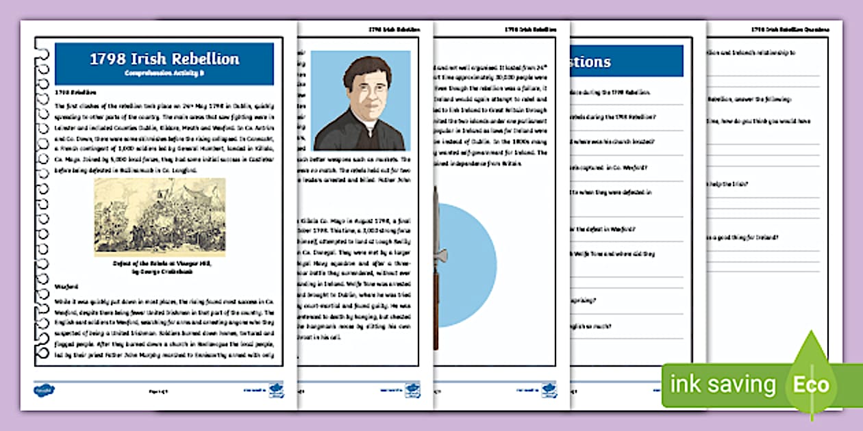 Editable 1798 Irish Rebellion Comprehension Activity B
