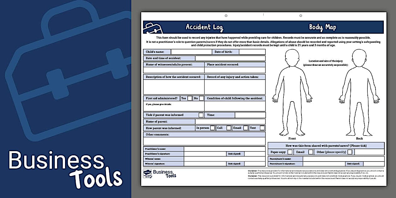 Accident Log with Body Map for Older Children in Private Childcare Settings
