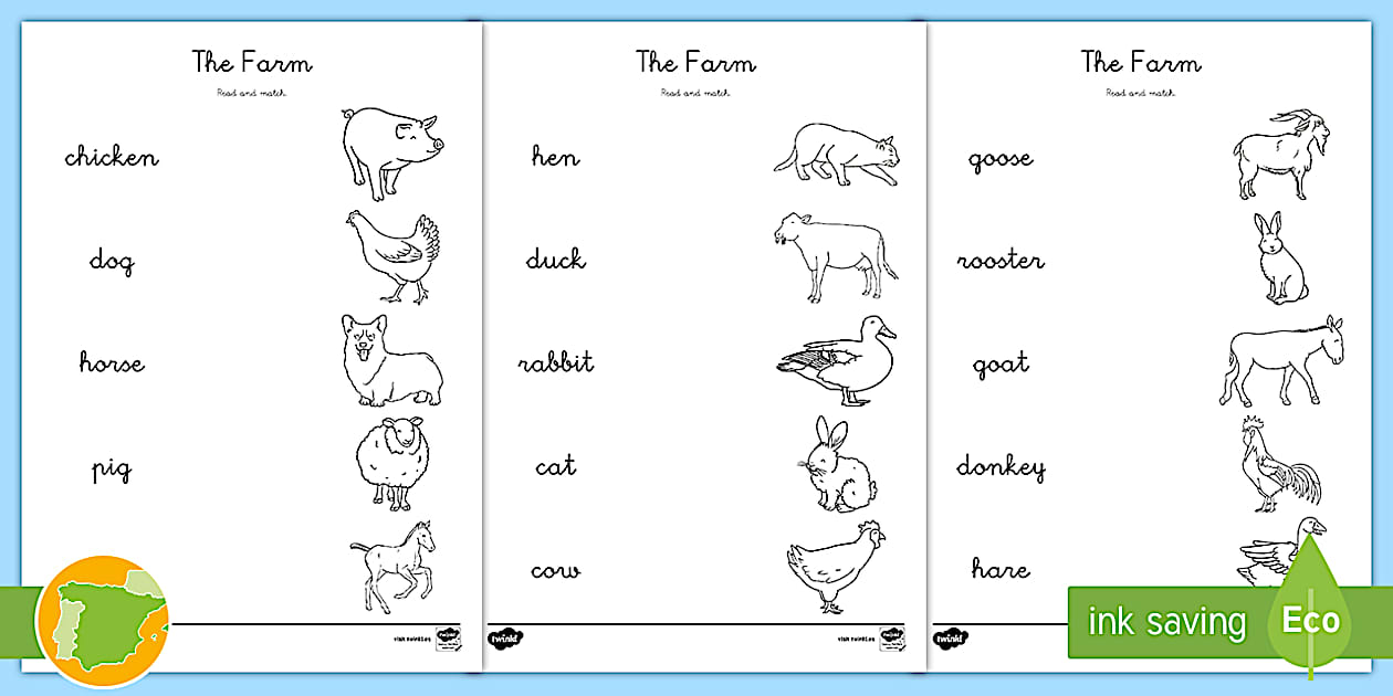 A2 Ficha de emparejar palabra con dibujo: Animales de granja en inglés