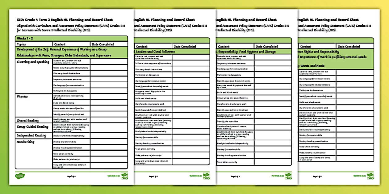 SID: Grade 4 Term 2 English HL Planning and Record Sheet