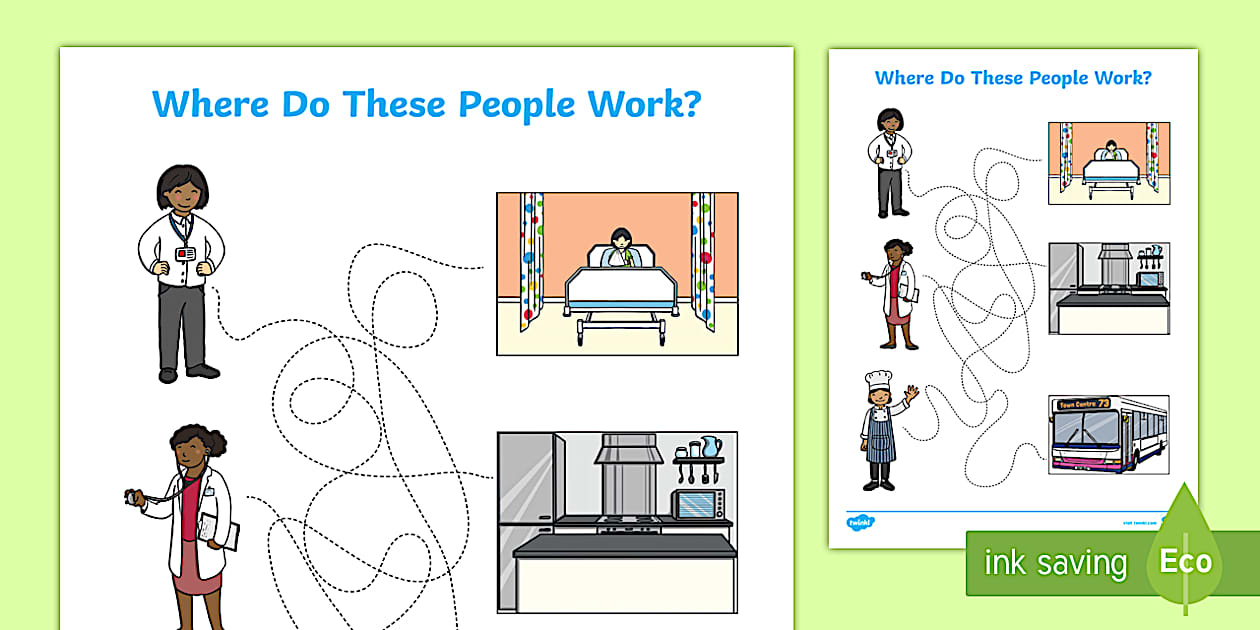 Black and White Where Do People Work? Pencil Control Worksheets