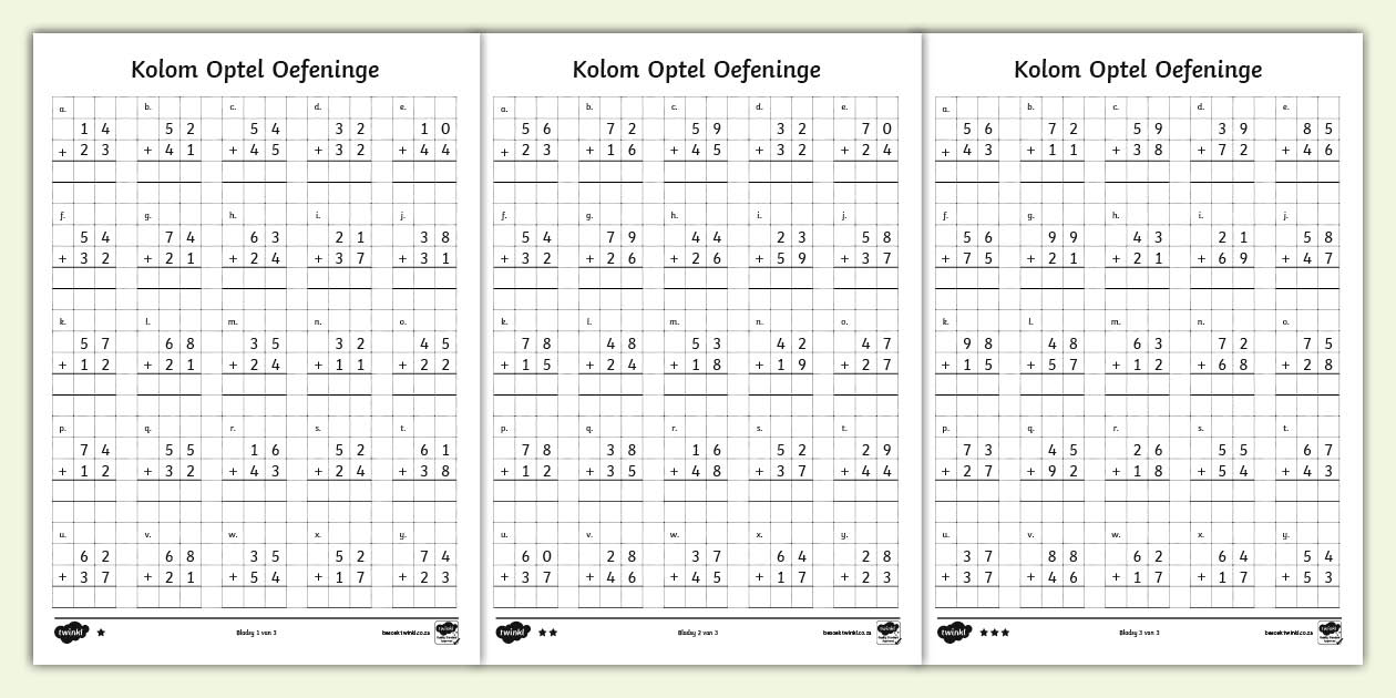 Graad 1 Wiskunde Twee-syfer Optelling op Blokkiespapier