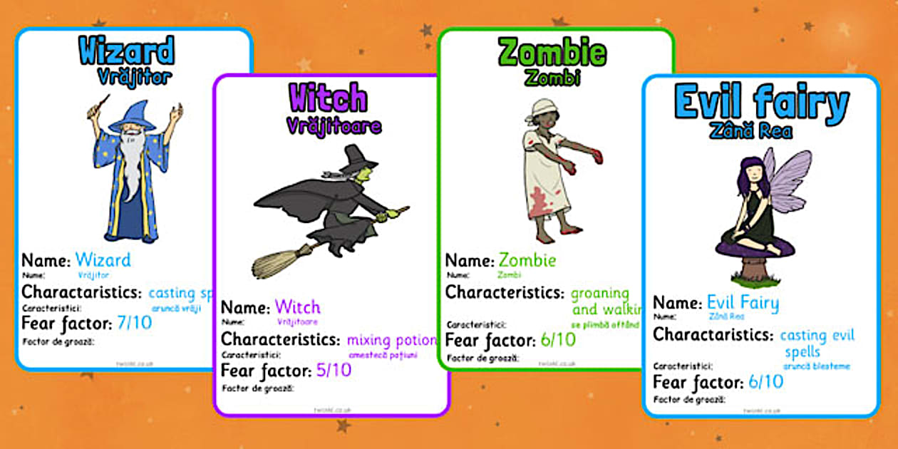 Black and White Halloween Monster Top Card Game Romanian Translation
