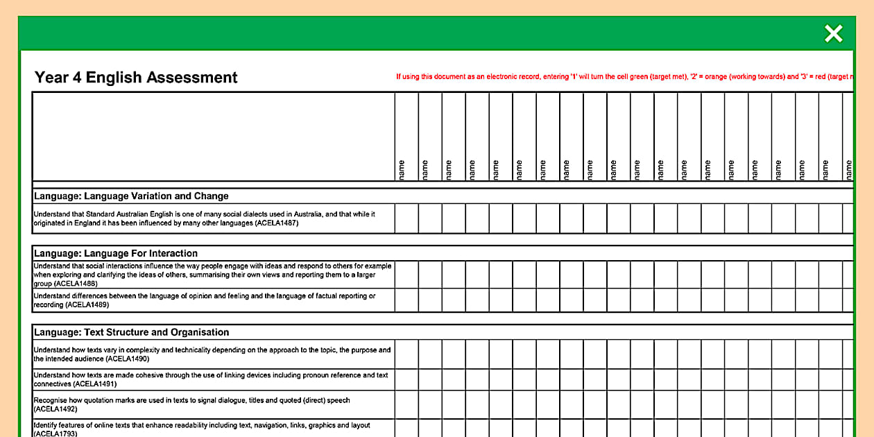 Australian Curriculum Year 4 English Assessment Spreadsheet