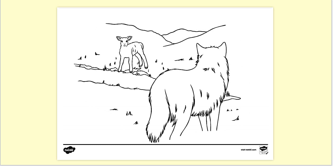 Lamb and Wolf Looking at Each Other Colouring Sheet - Twinkl