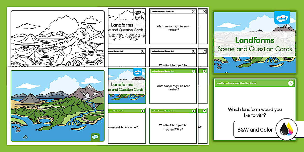 Landforms Scene and Question Cards for K-2nd Grade - Twinkl