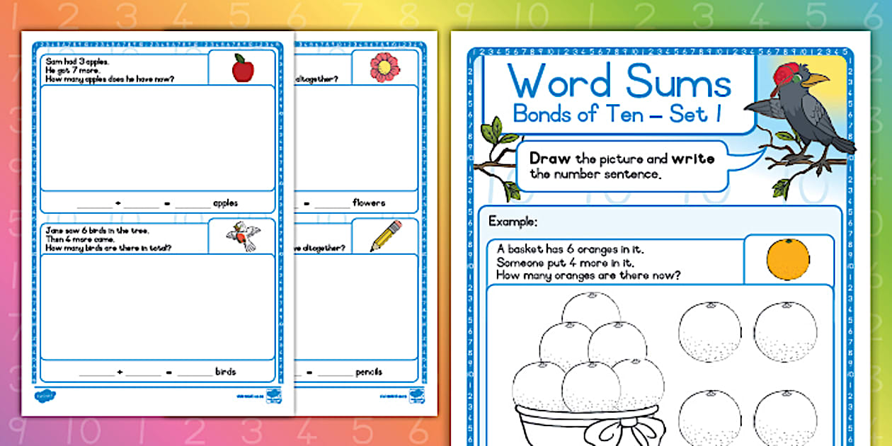 Grade R Word Problems - Addition Bonds of Ten- Sheet 1