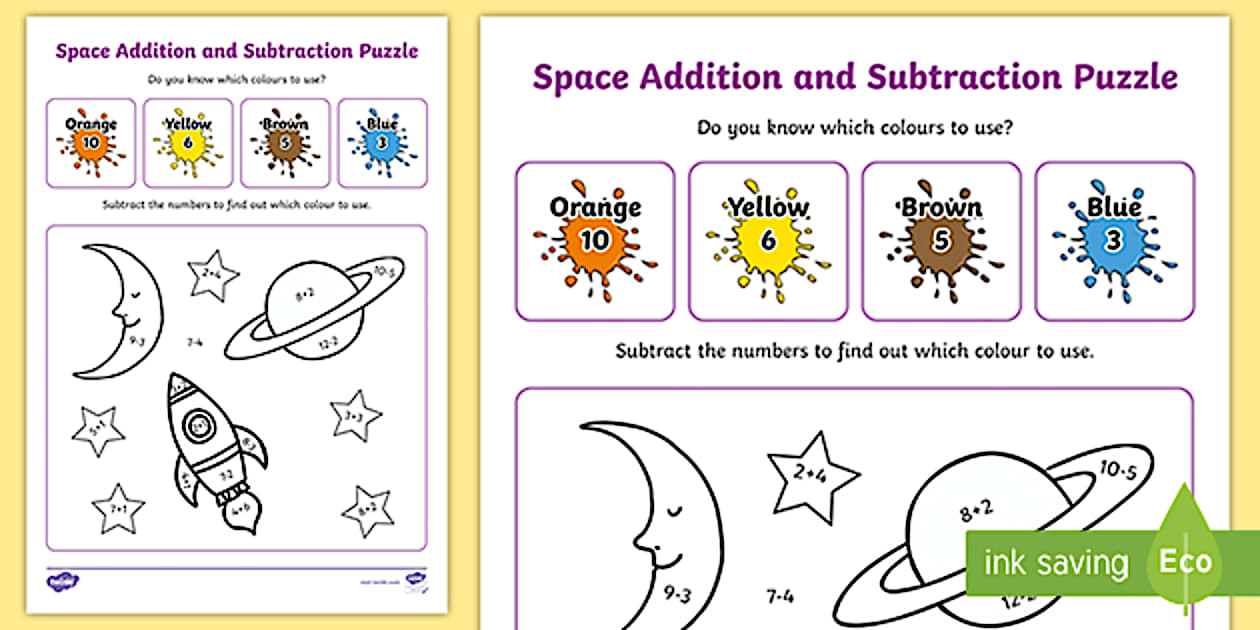 Space Addition and Subtraction Puzzle (0-10) (teacher made)