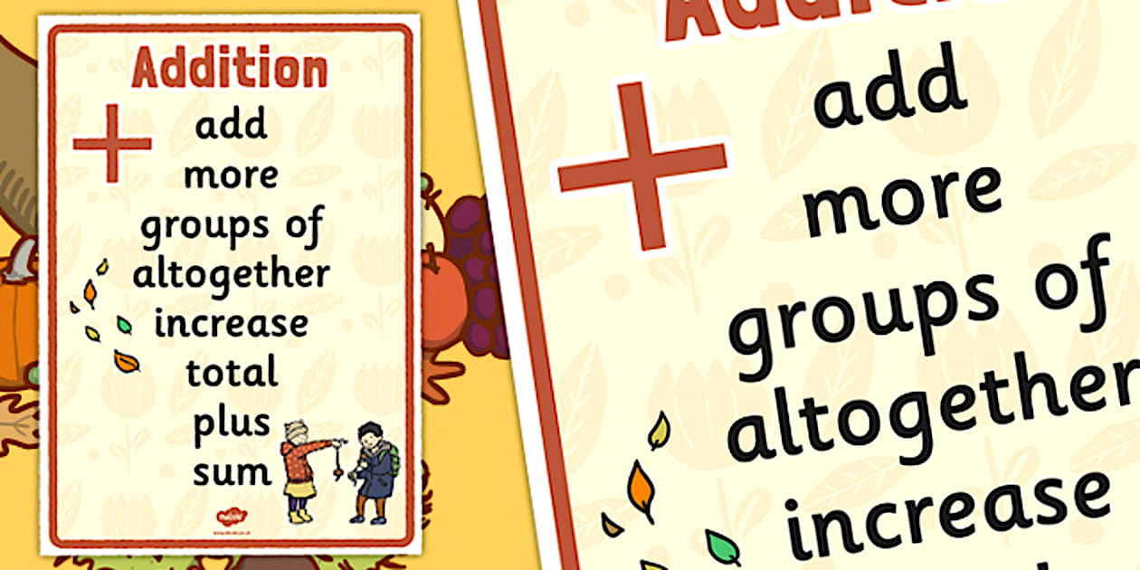 Autumn Themed Addition Vocabulary Display Poster - Twinkl