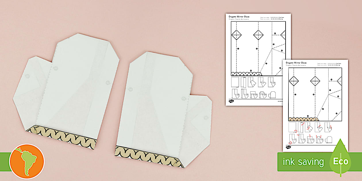 Black and White Origami Mitten Template Paper Craft English/Spanish
