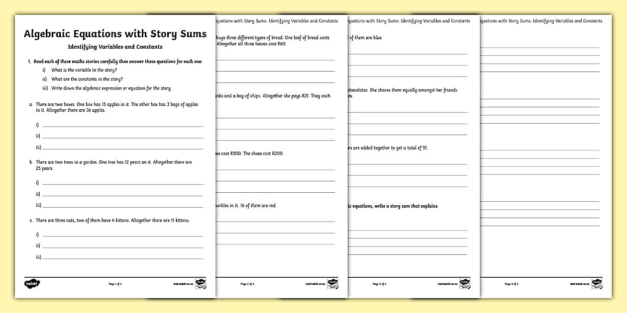 Algebraic Equations with Story Sums – Identifying Variables and Constants