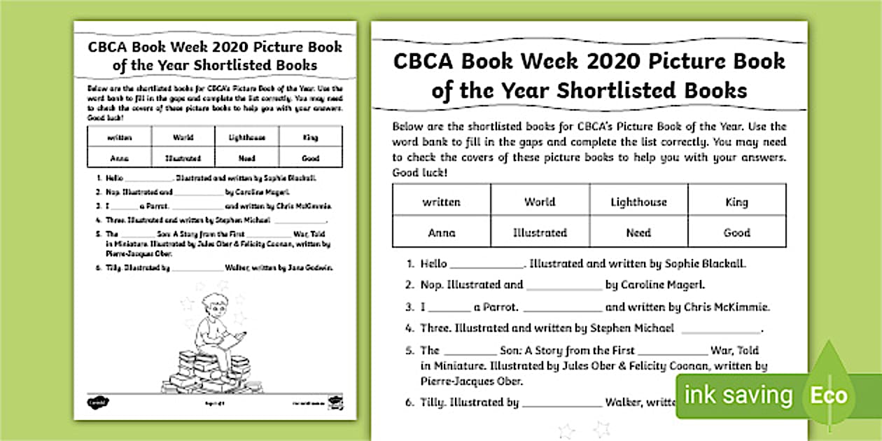 Book Week - Picture Book of the Year Shortlisted Books Cloze Activity