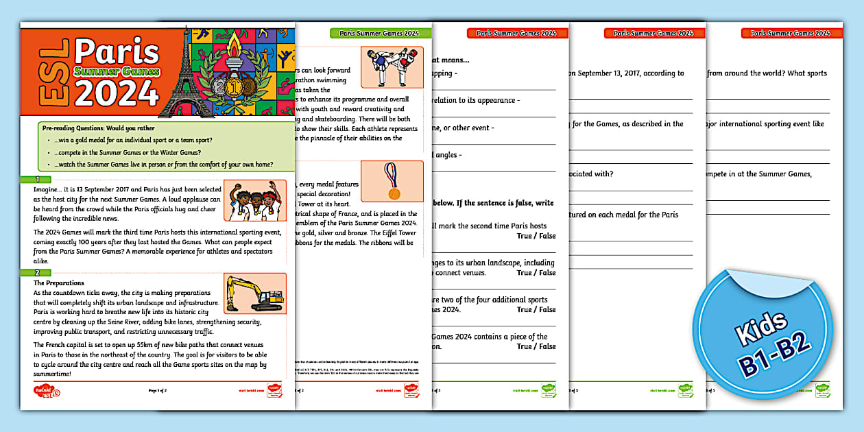 ESL Paris Summer Games Reading Comprehension [Kids, B1-B2]