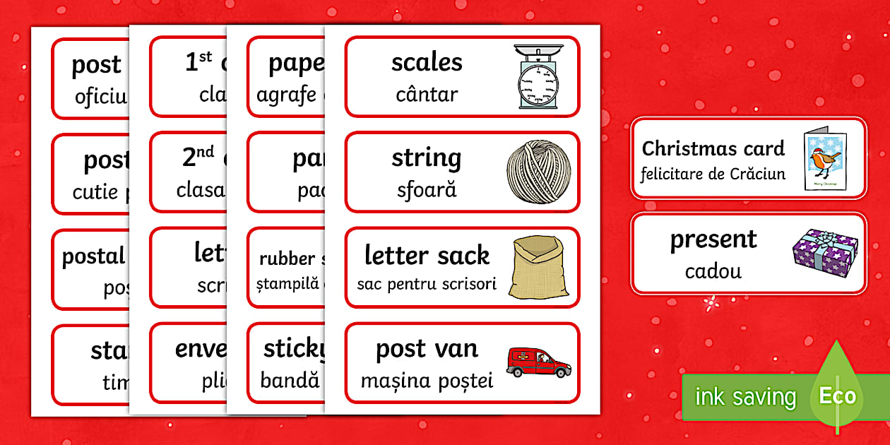 Christmas Post Office Word Cards English/Romanian - Twinkl