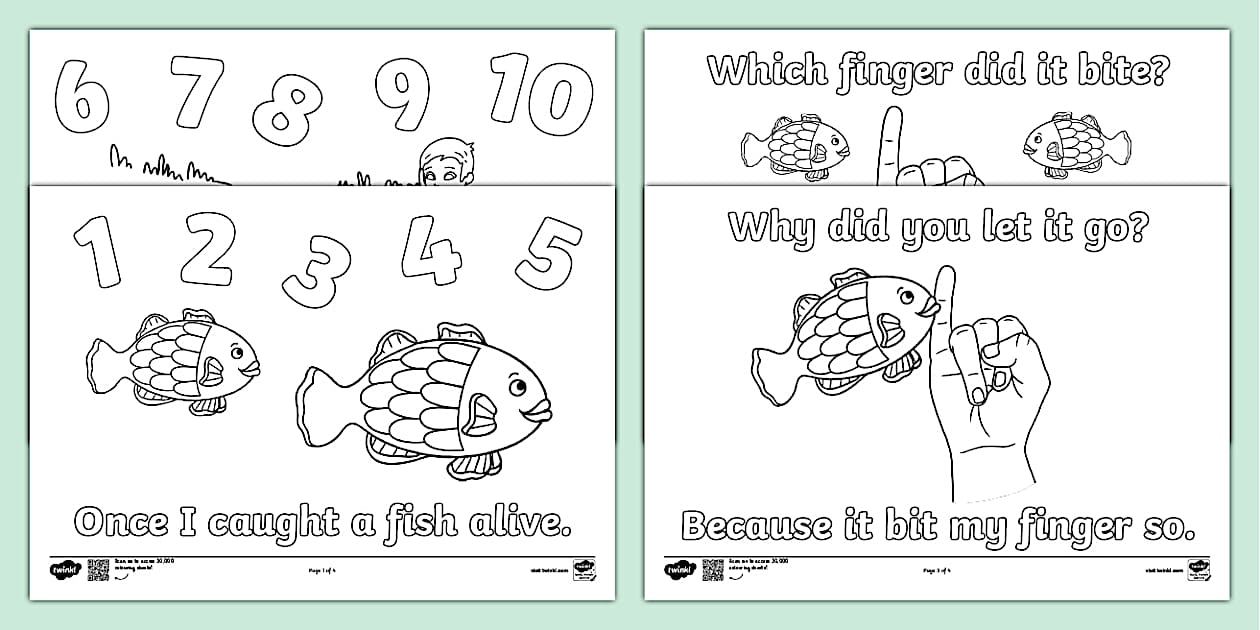 1, 2, 3, 4, 5 Once I Caught a Fish Alive Colouring Sheets