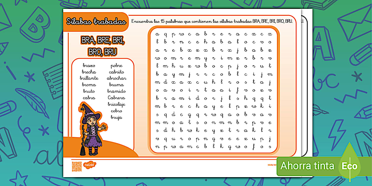 Sopa de letras: Sílabas trabadas BRA, BRE, BRI, BRO, BRU