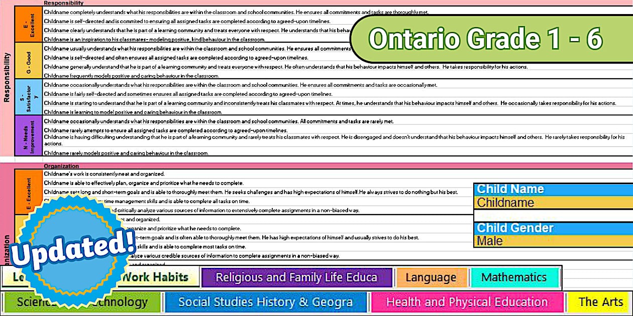 Ontario Report Card Comments Bank | Elementary Grades 1-6