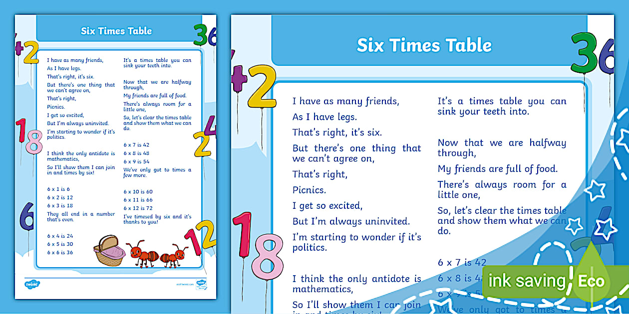 👉 6 Times Table Song Lyrics (teacher made) - Twinkl