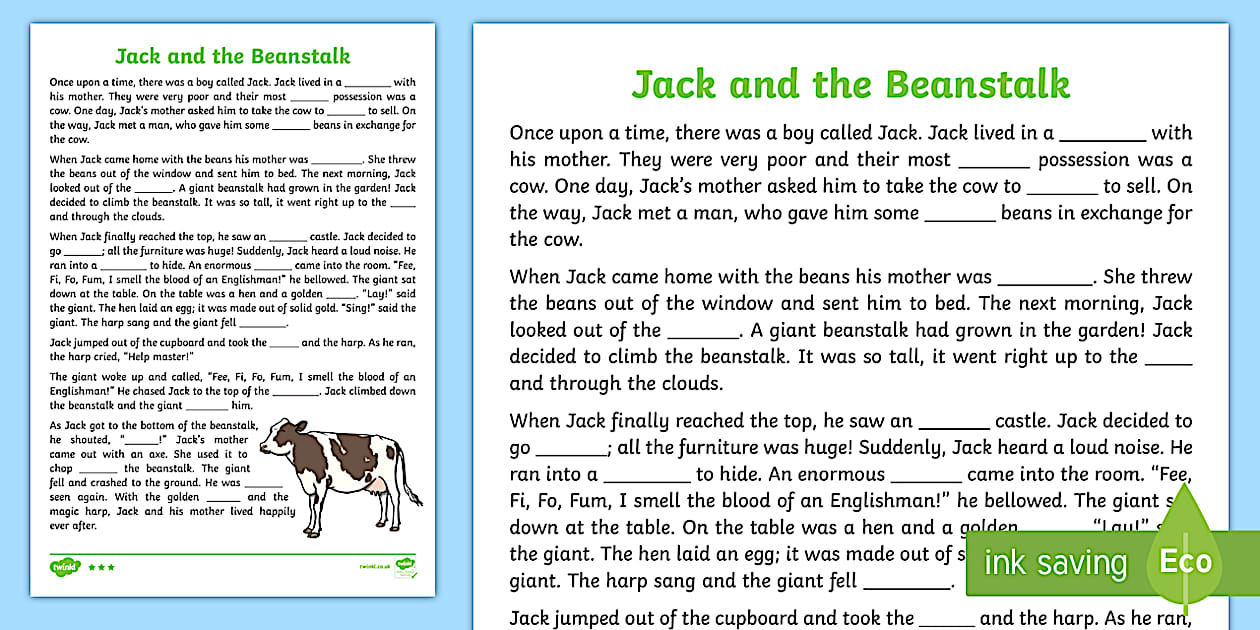 Jack and the Beanstalk Traditional Tale Cloze Procedure Differentiated