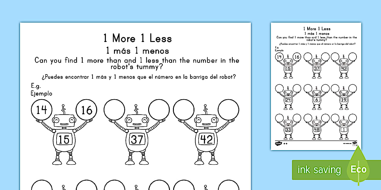 Editable 1 More 1 Less Robots Worksheet English/Spanish - Guía de trabajo