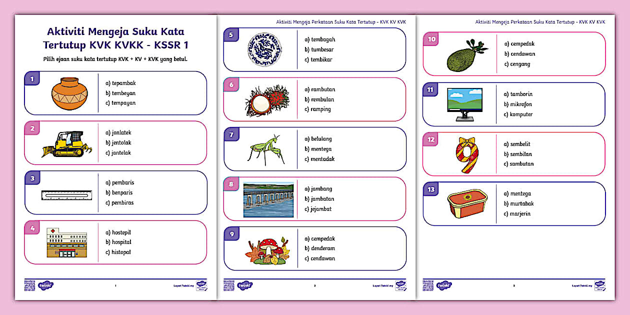 Aktiviti Mengeja Perkataan Suku Kata Tertutup - KVK KV KVK