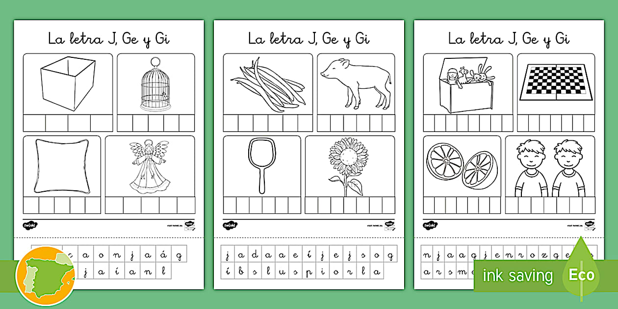 Ficha de recortar y pegar: La letra J, Ge y Gi - Twinkl