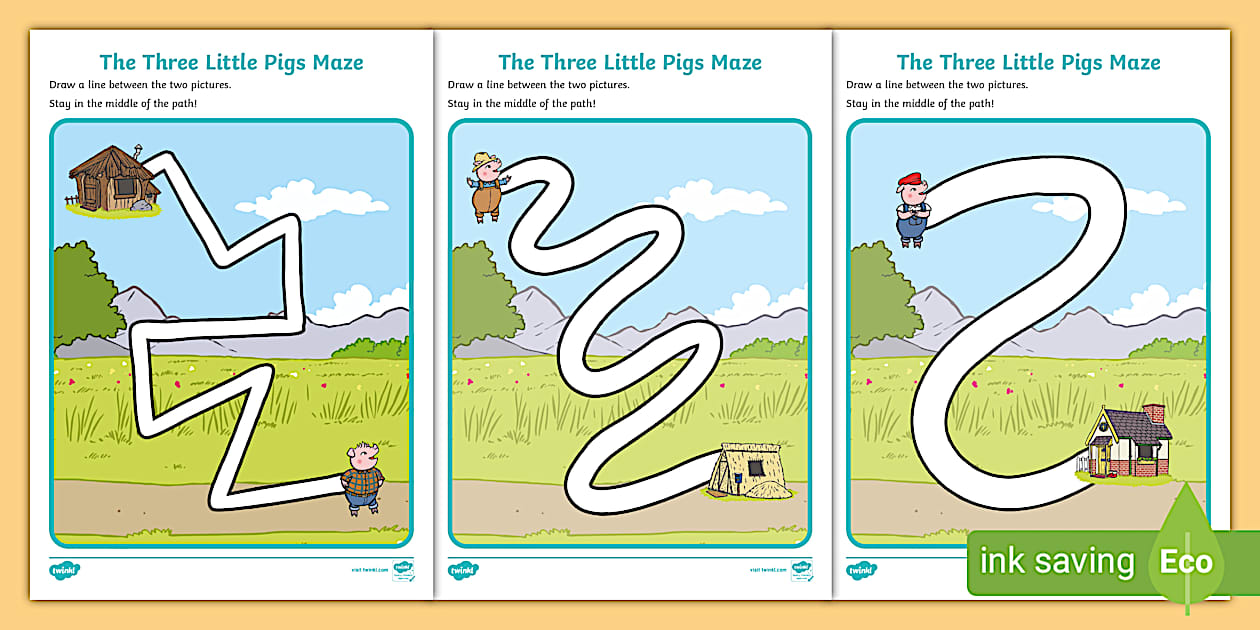 The Three Little Pigs Pencil Path Control Worksheets - australia